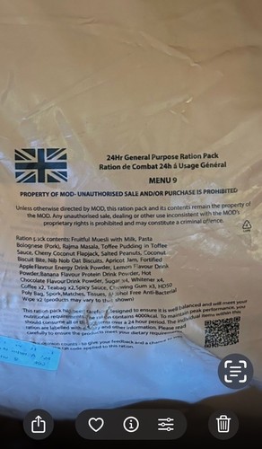 British Army 24 Hr Ration Pack Menu 9 Genuine Military Issue) Ex 2027 ...