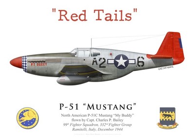 Print P-51C Mustang, Capt. C. Bailey, 99th FS, 332nd FG "Red Tails" (by ...