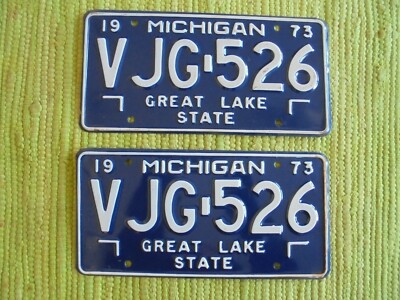 1973 Michigan License Plate PAIR 73 MI Great Lakes State Tag VJG-526 ...