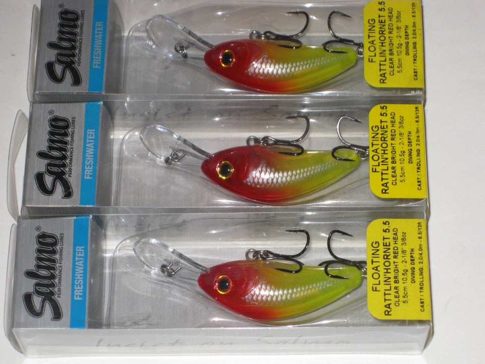 3 Salmo Rattlin Hornet 5.5 Red Head Chartreuse Rare Crankbait Fishing ...