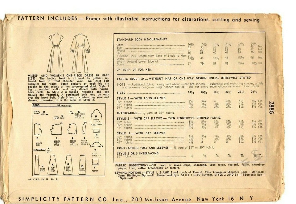 Vintage 1940s Simplicity Sewing Pattern Women's DRESS 2962 Size 16½ ...