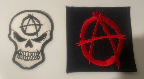 TWO NEW Anarchy Patches Embroidered Iron-On Red A Protest Skull PUNK ...