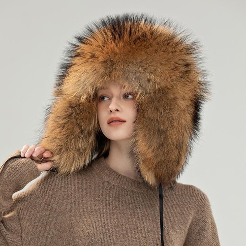 Women Russian Ushanka Full Cover Raccoon Fur Trapper Hats Warm Ski ...
