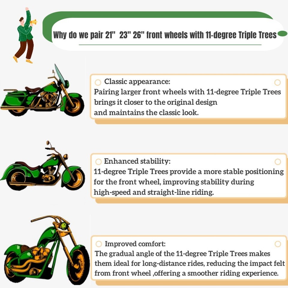 11 Degree Raked Triple Trees Kit 21" 23" 26" Wheels For Harley Touring ...