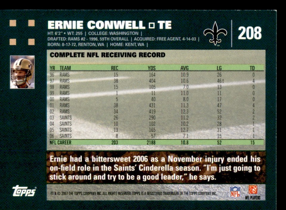 2007 Topps #208 Ernie Conwell New Orleans Saints | eBay