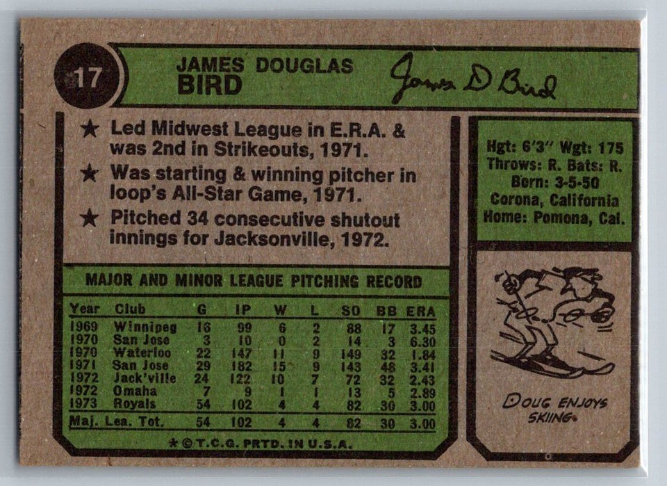 1974 Topps Vintage #17 Doug Bird Kansas City Royals Baseball Card | eBay