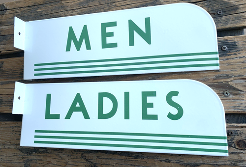 VINTAGE FLANGE TEXACO RESTROOM MEN, LADIES PORCELAIN GAS PUMP STATION ...