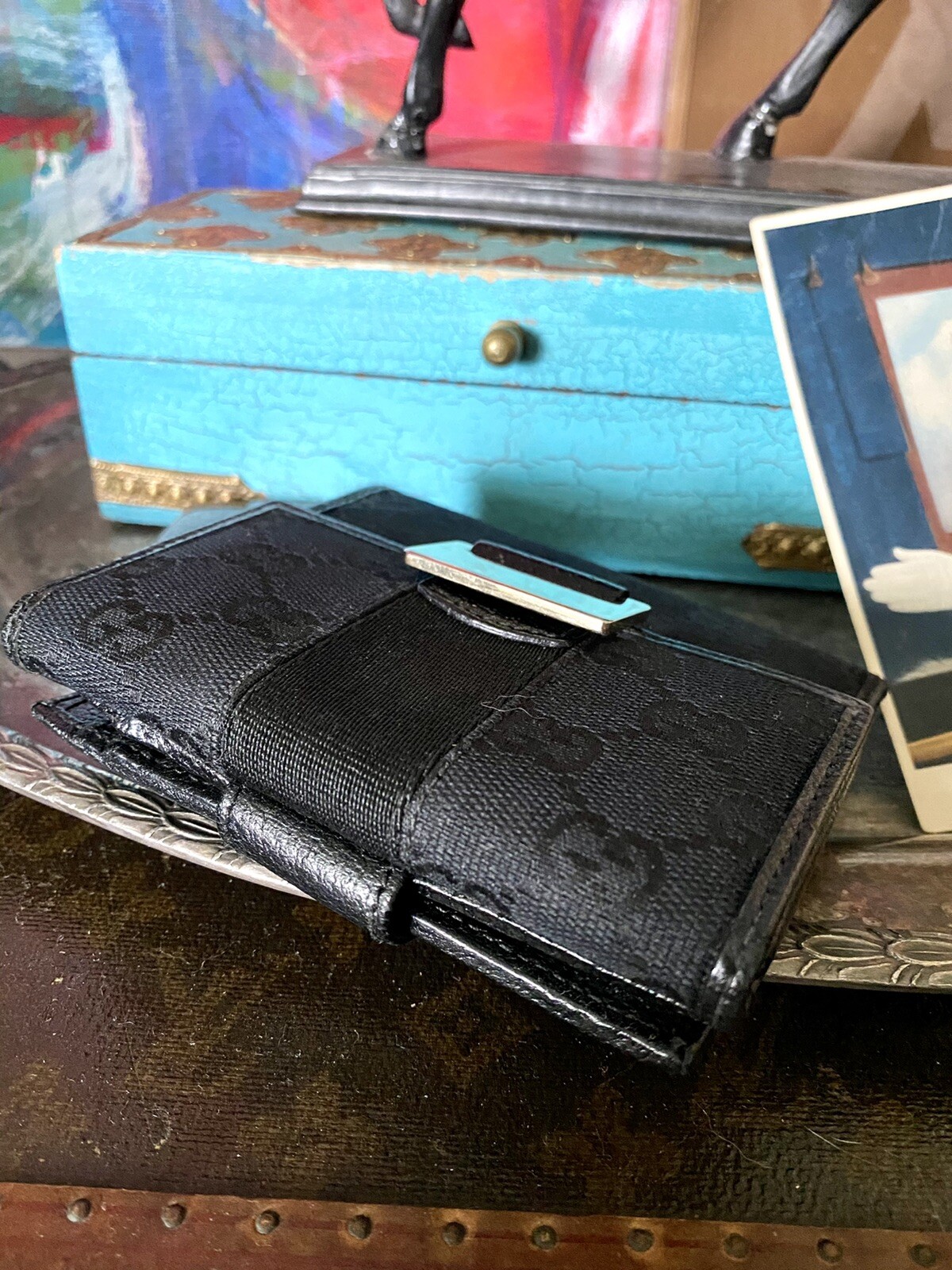 store discount sale Vintage GUCCI Black GG Clutch French WALLET Handbag ...