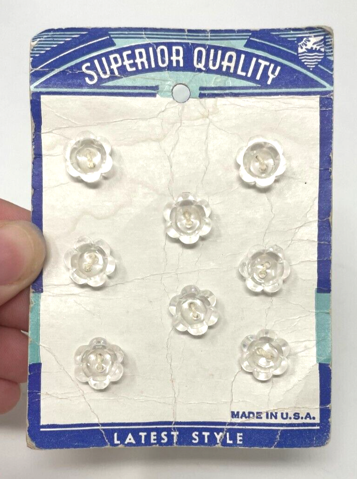 8 Vintage Superior Quality Clear Flower Buttons on Original Card Latest ...