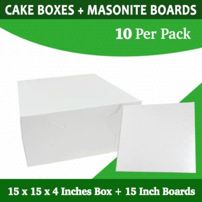 CAKE BOX 15x15x4 + 10Pc Masonite Cake Boards 15" Square White Wedding ...