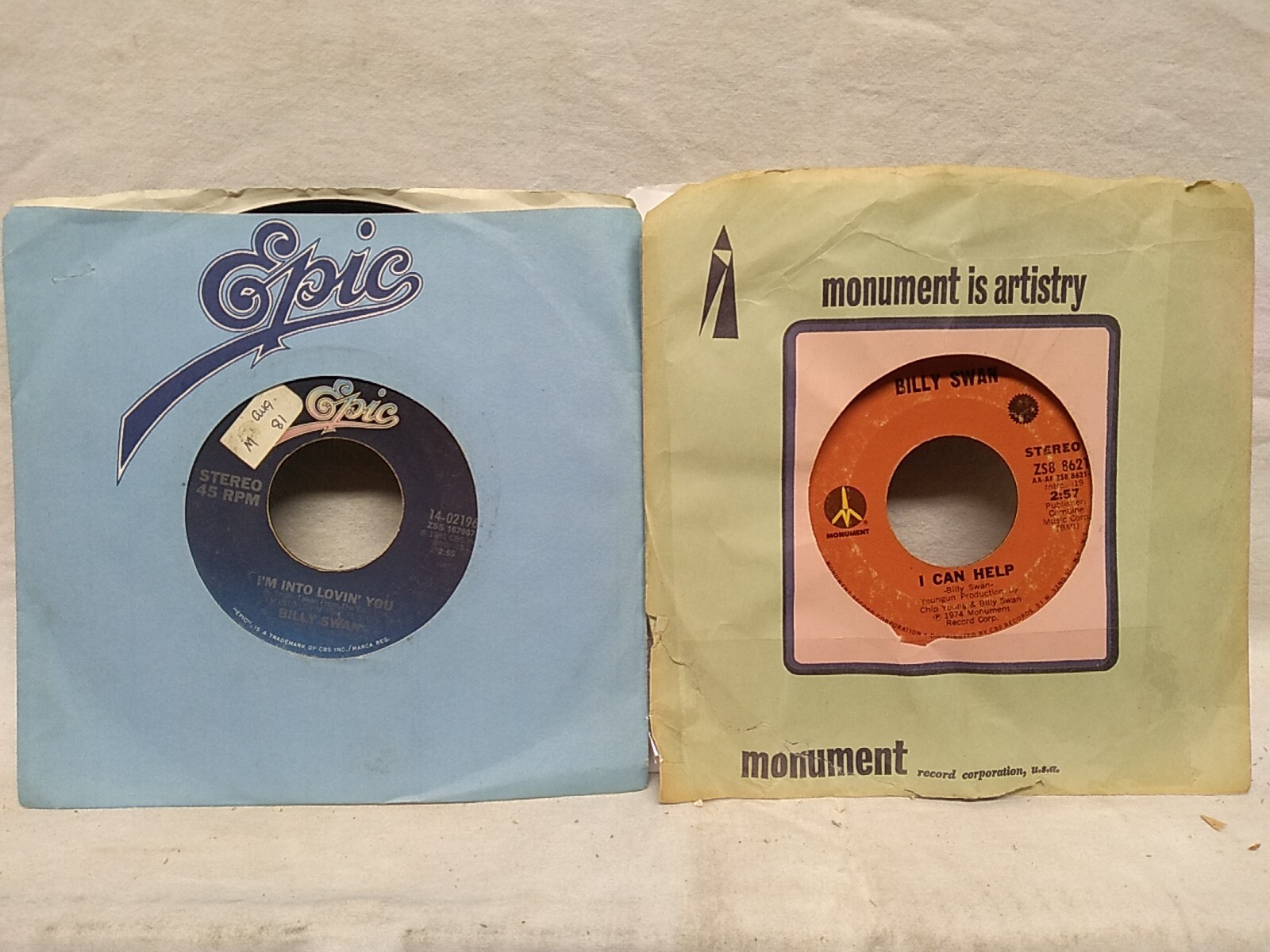 Billy Swan I Can Help / Im into Lovin You 45 RPM records lot of 2 1974 ...