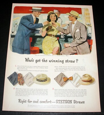 1946 OLD MAGAZINE PRINT AD, STETSON STRAW HATS, RIGHT FOR COOL COMFORT ...