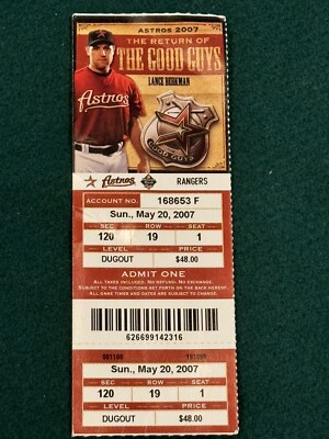 Houston Astros Vs Texas Rangers ticket Stub. Bergman “The Good Guys” 5 ...