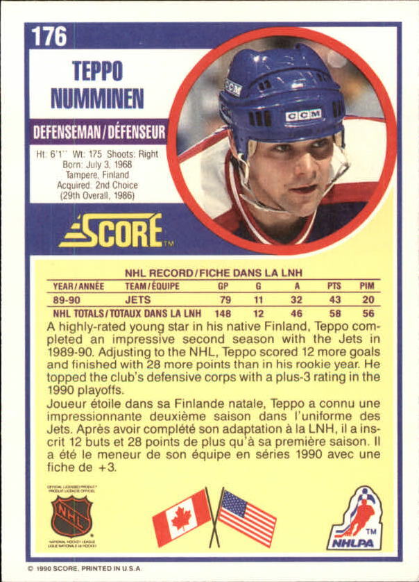 1990-91 (JETS) Score Canadian #176 Teppo Numminen RC | eBay