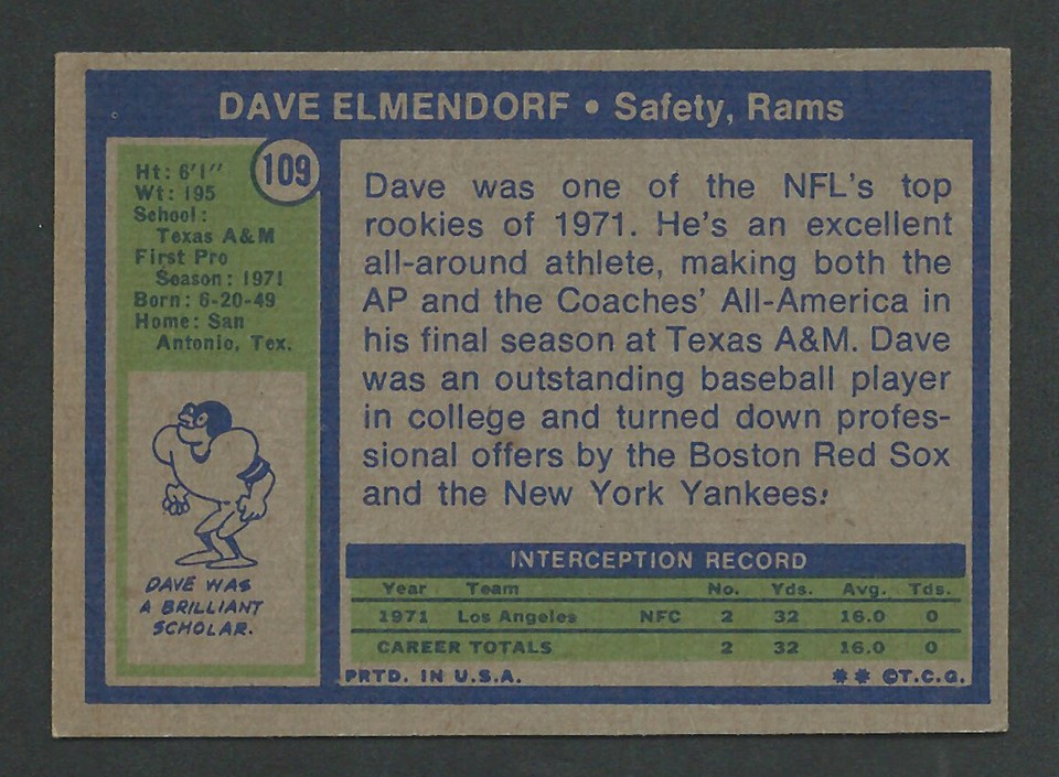 1972 Topps #109 DAVE ELMENDORF Los Angeles Rams ROOKIE 96% CENTERED ...