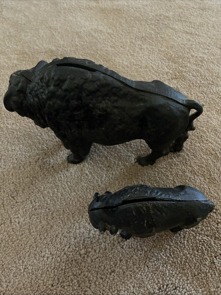 Antique Vintage Cast Iron Buffalo Bison & Calf Coin Bank | Still Bank ...