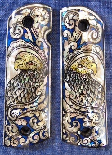 1911 EAGLE PARROT WOOD PEARL INLAY FULL SIZE GRIPS BLUE NOS *FAST USA ...