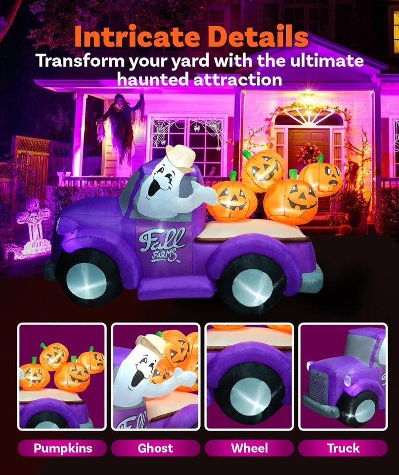 7FT Long Halloween Inflatables Truck Ghost Pumpkin Blow Up Yard Décor ...
