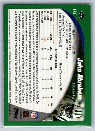 John Abraham 2002 Topps New York Jets #173 | eBay