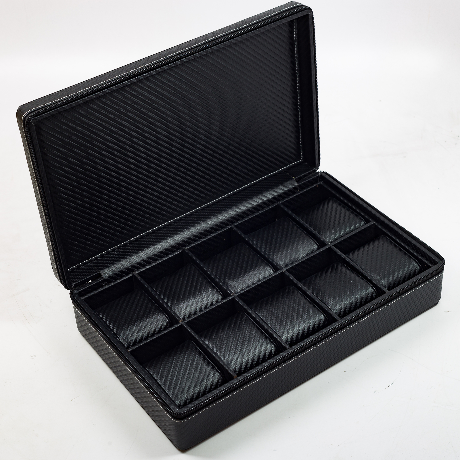 10 WATCH BRIEFCASE BLACK CARBON FIBER ZIPPERED TRAVEL STORAGE CASE 50MM ...