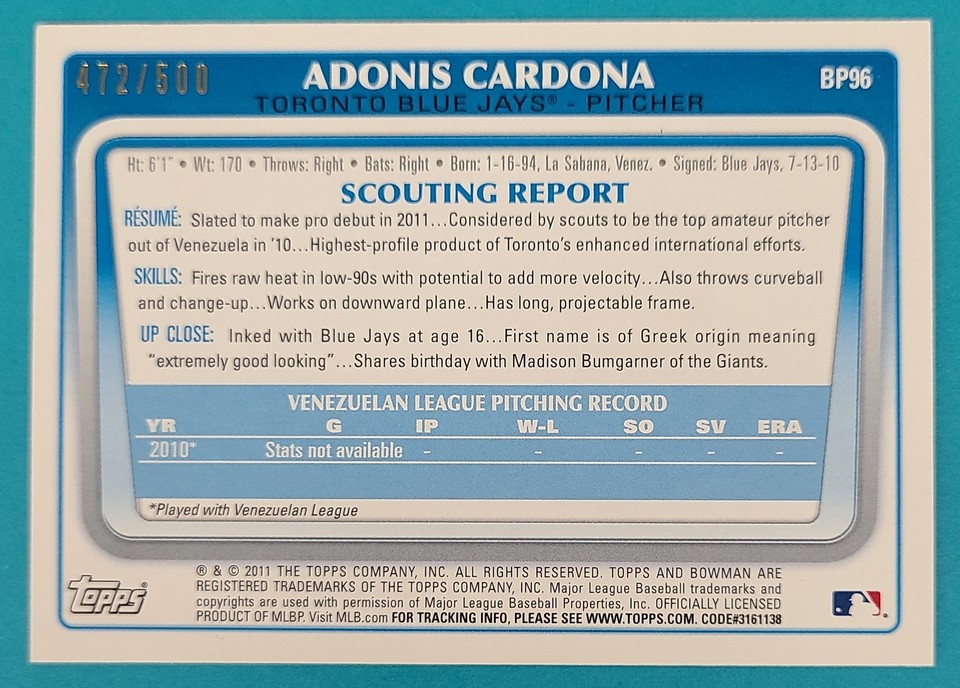 2011 Bowman Prospects Blue /500 #BP96 Adonis Cardona Blue Jays BASEBALL ...