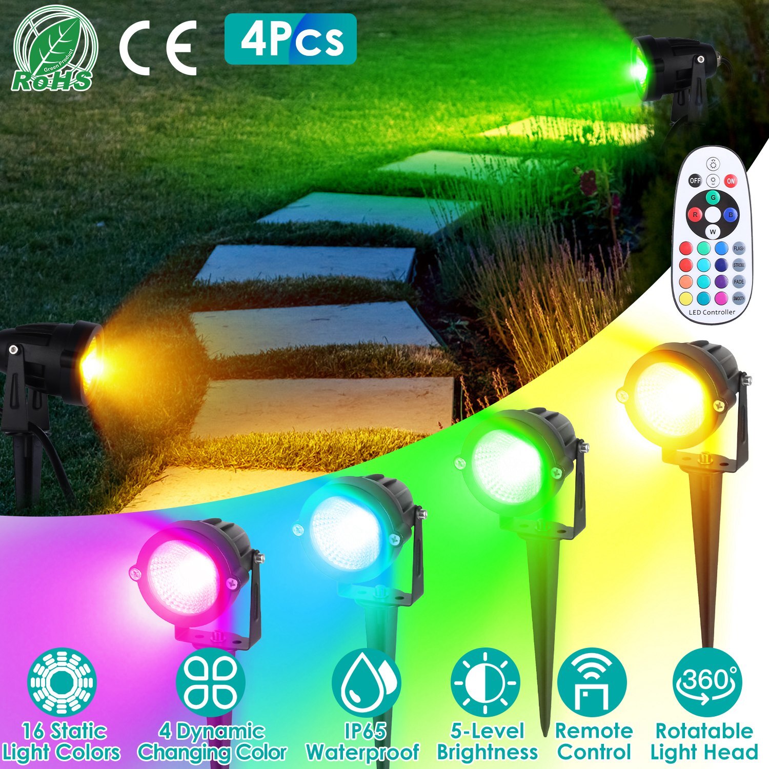 4pcs Landscape Lights 6W Spotlights Outdoor RGB Color Changing LED Yard ...
