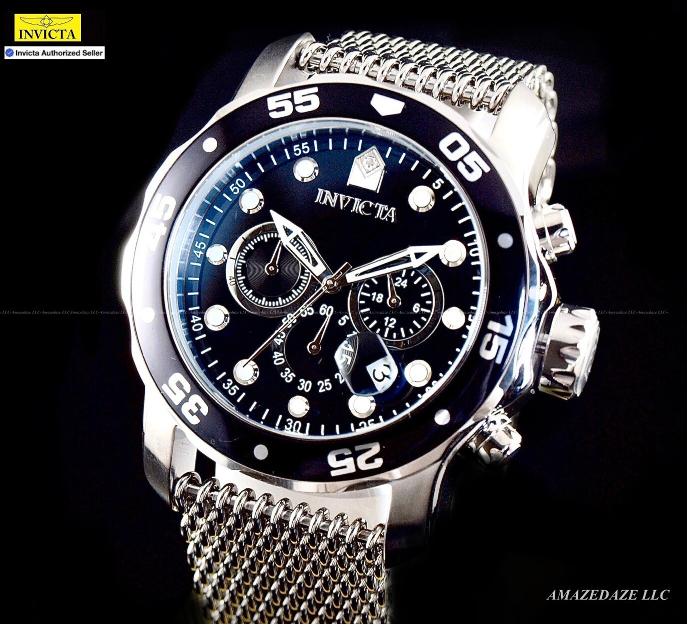 NEW Invicta Men 48mm ProDiver Scuba Chrono Mesh Bracelet BLACK DIAL SS ...