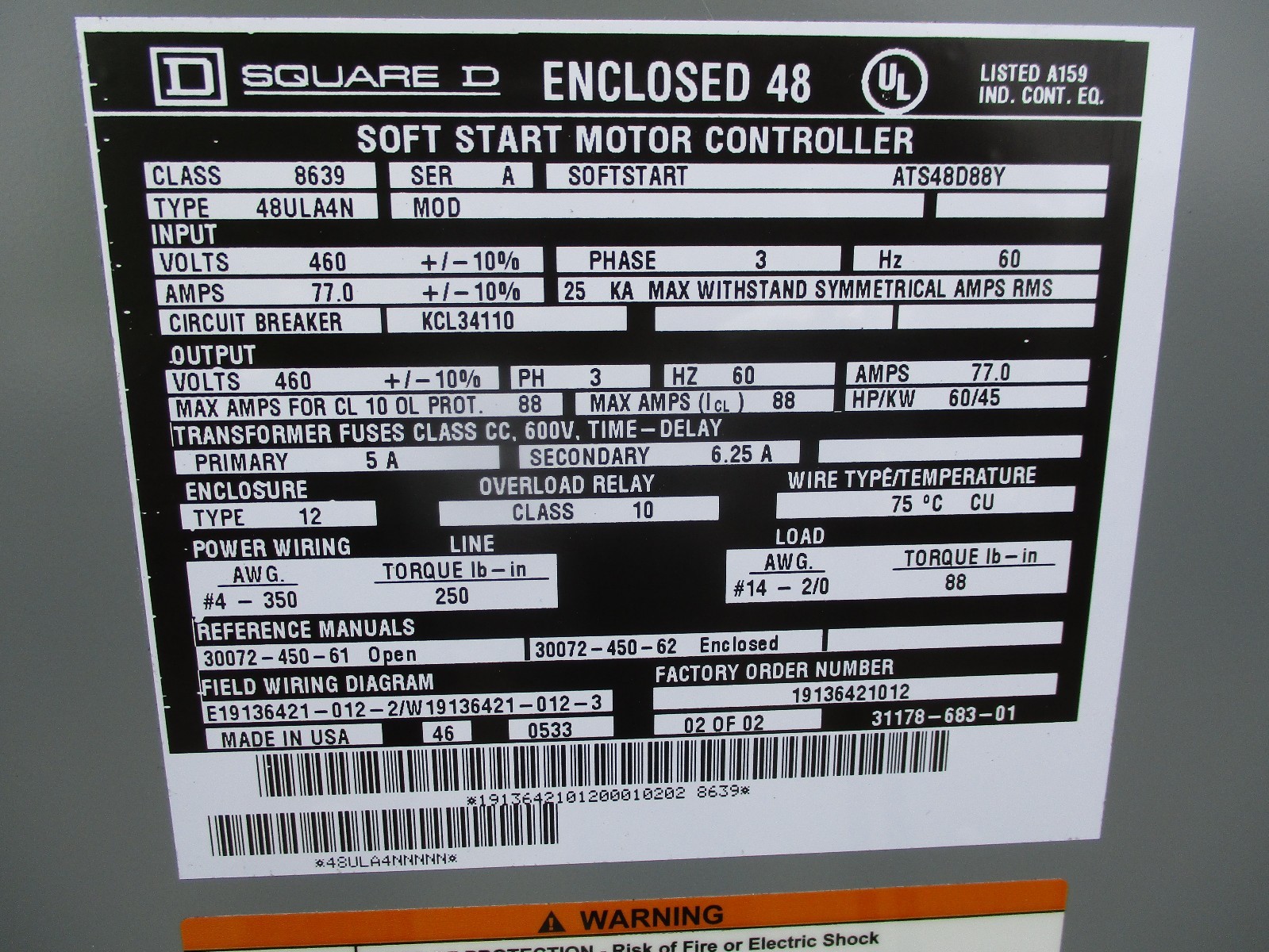 SQUARE D ENCLOSED 48, 60 HP 460 VOLT SOFT START MOTOR CONTROLLER- NEW ...