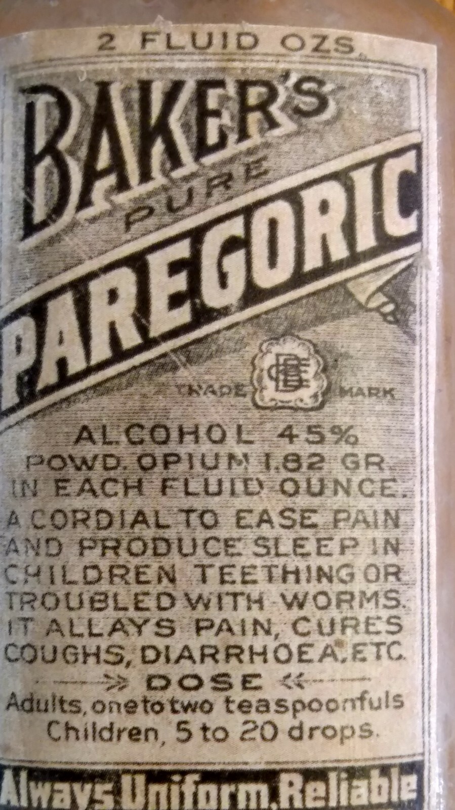 Vintage Medicine Hand Crafted Bottle, Baker's Paregoric w/Opium, (Copy ...