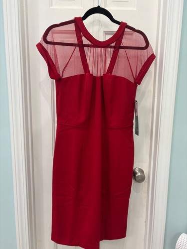 Scarlett Red Mesh Sheer Short Sleeve Knee Length Holiday Formal Dress ...