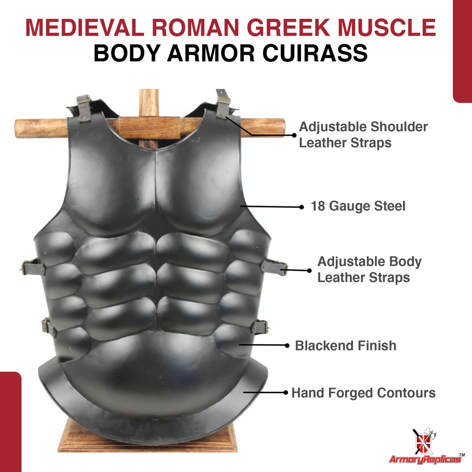 Medieval Roman Greek Muscle Armor Cuirass LARP Halloween Costume Black ...