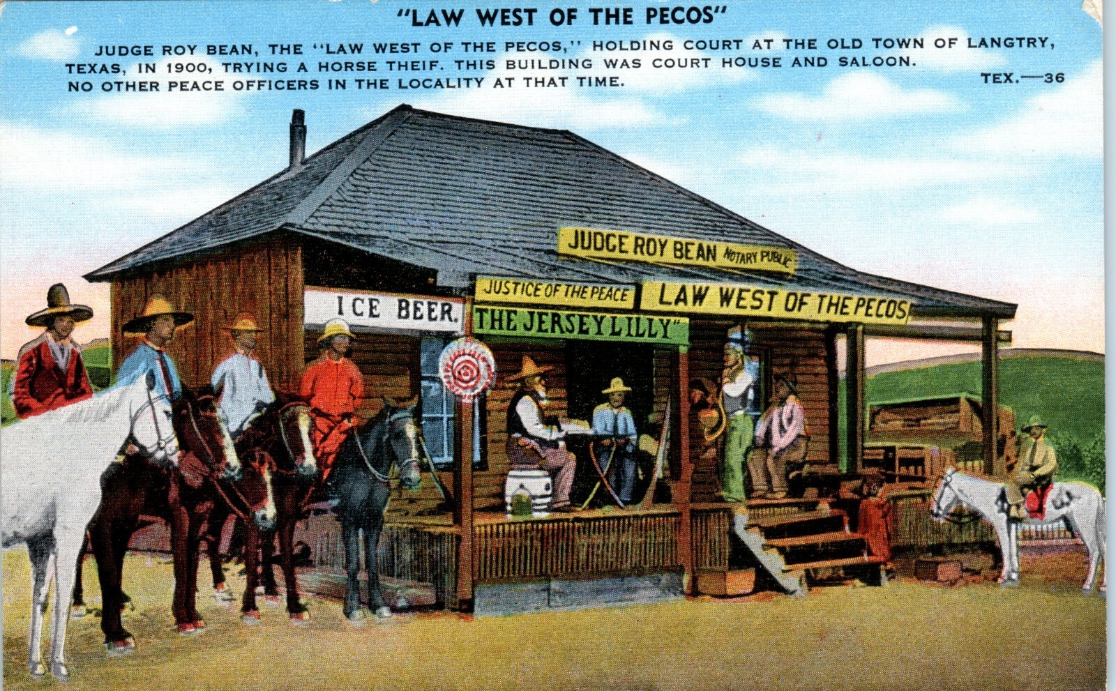 WESTERN COURT HOUSE 1940s COLORFUL LINEN POSTCARD LANGTRY TEXAS HORSE ...