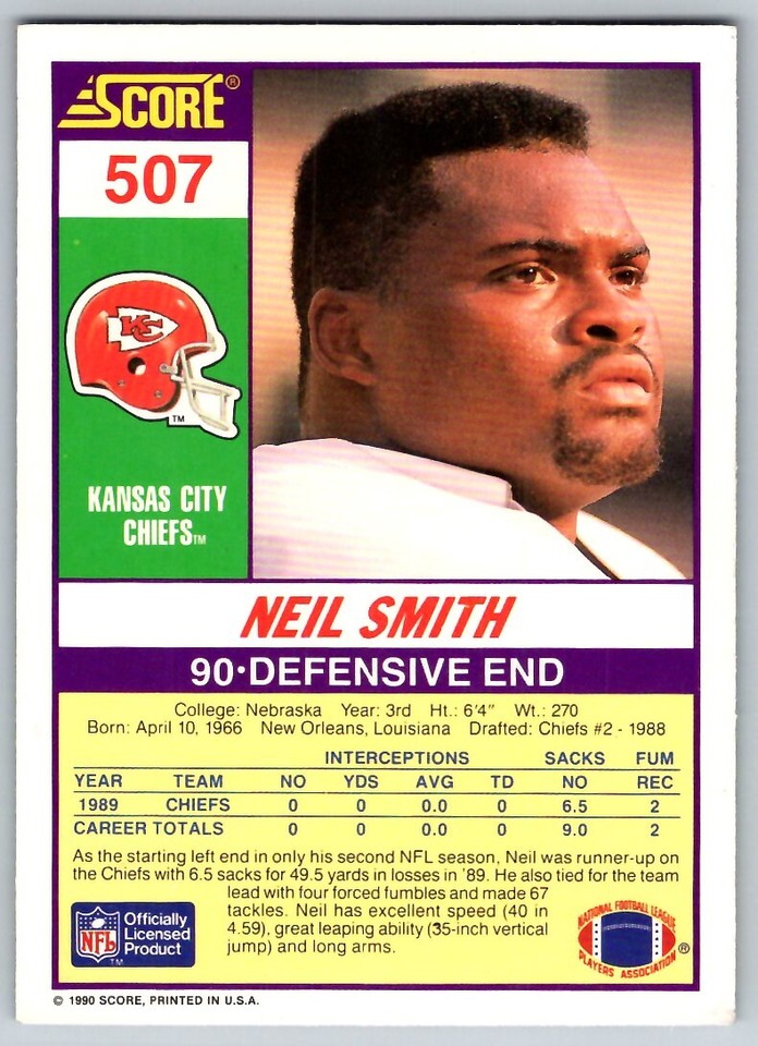 1990 SCORE NEIL SMITH KANSAS CITY CHIEFS #507 | eBay
