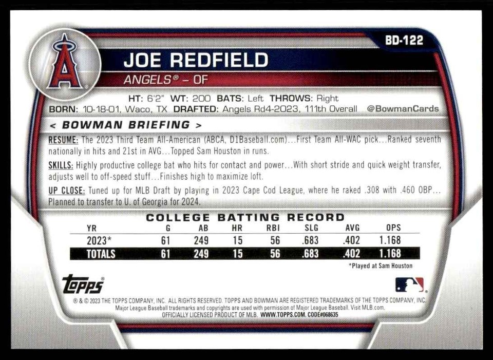 Joe Redfield 2023 Bowman Draft #BD122 Los Angeles Angels 28022 Baseball ...