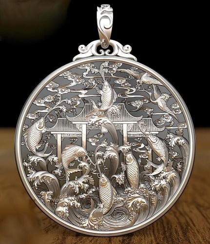 china S999 Silver Pendant Carp Fish Jumping Dragon Gate Feng Shui Decor ...