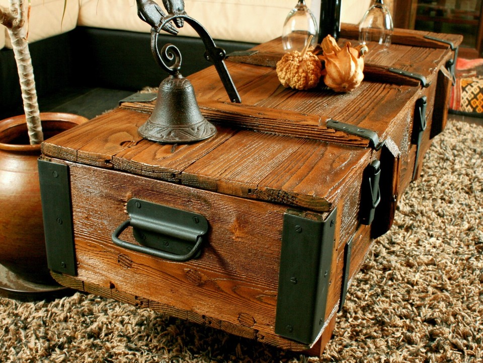 Wooden Coffee Table Chest Vintage Style, Storage Trunk Chest, Cottage ...