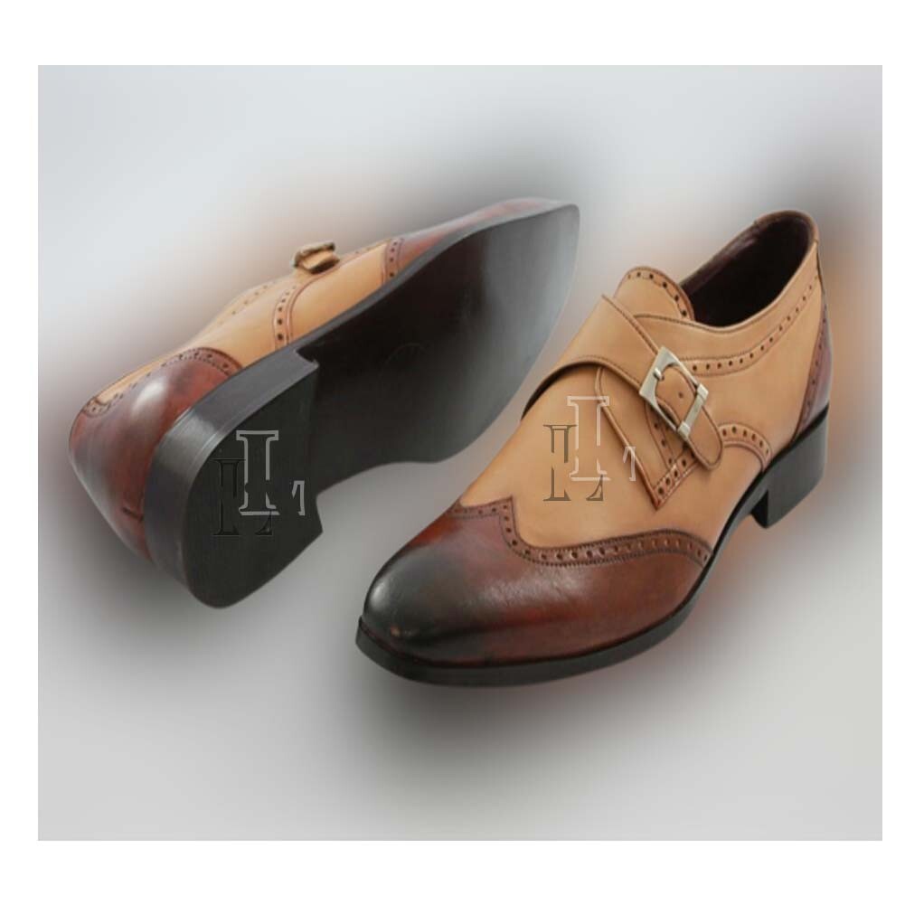 Handmade Men's Tan Brown Two Tone Monk Style Dress Formal Leather Shoes ...