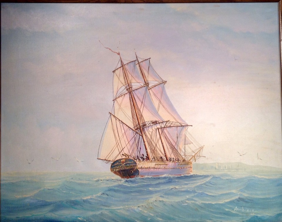 Ambrose Oil Painting Clipper Ship at Sea Framed Art and Signed 16" x 20 ...