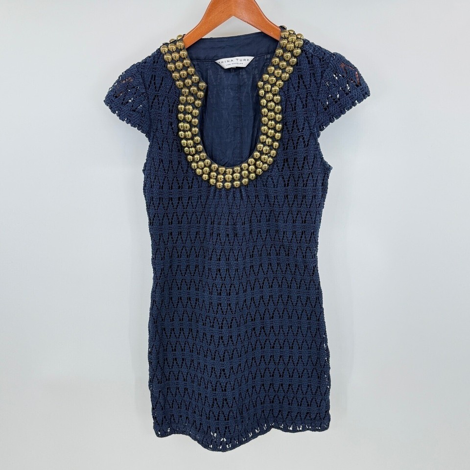 Trina Turk Backgammon Mini Dress XS Metallic Detail Party Glam Dress ...