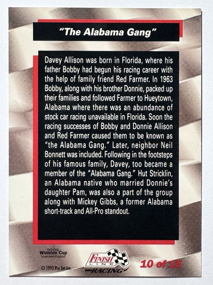HOF'ers DAVEY, BOBBY, DONNIE ALLISON, BONNETT 1993 Finish Line INSERT ...