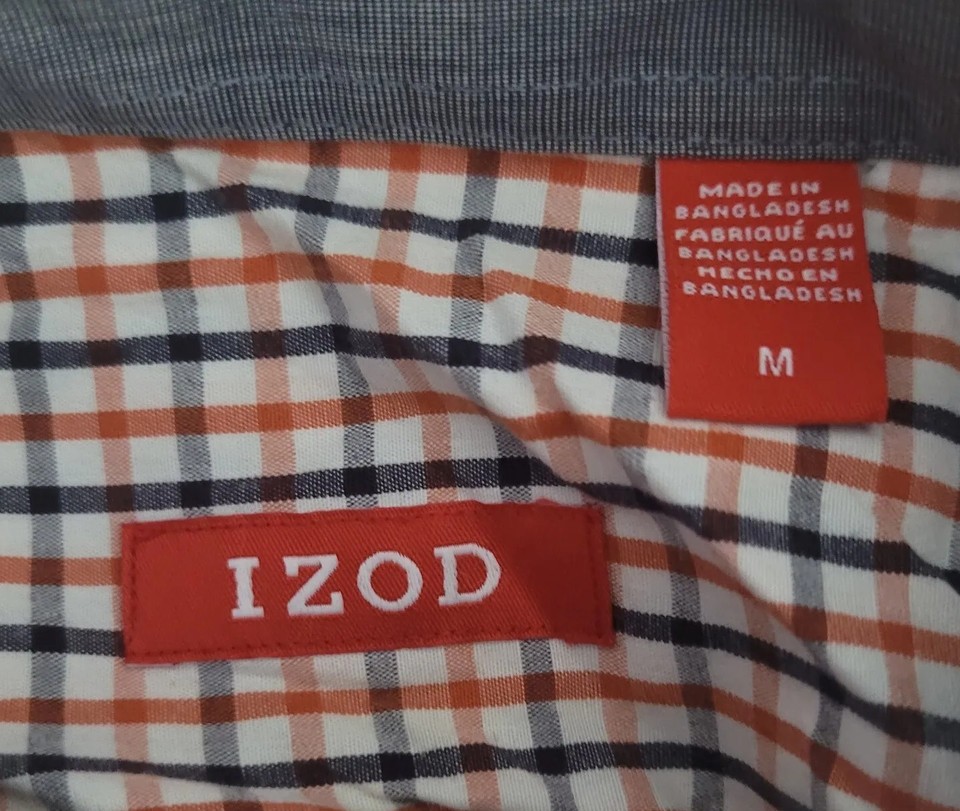 Mens IZOD Shirt Orange Black White Check Medium Long Sleeved Oxford ...