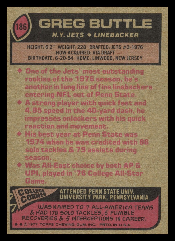 1977 Topps Football #186 Greg Buttle RC New York Jets | eBay