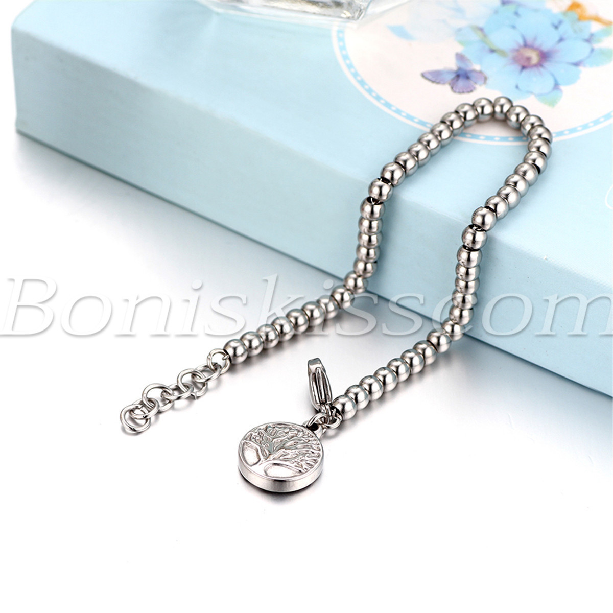 Women's Stainless Steel Tree of Life Tag Charms Beaded Chain Bracelet ...