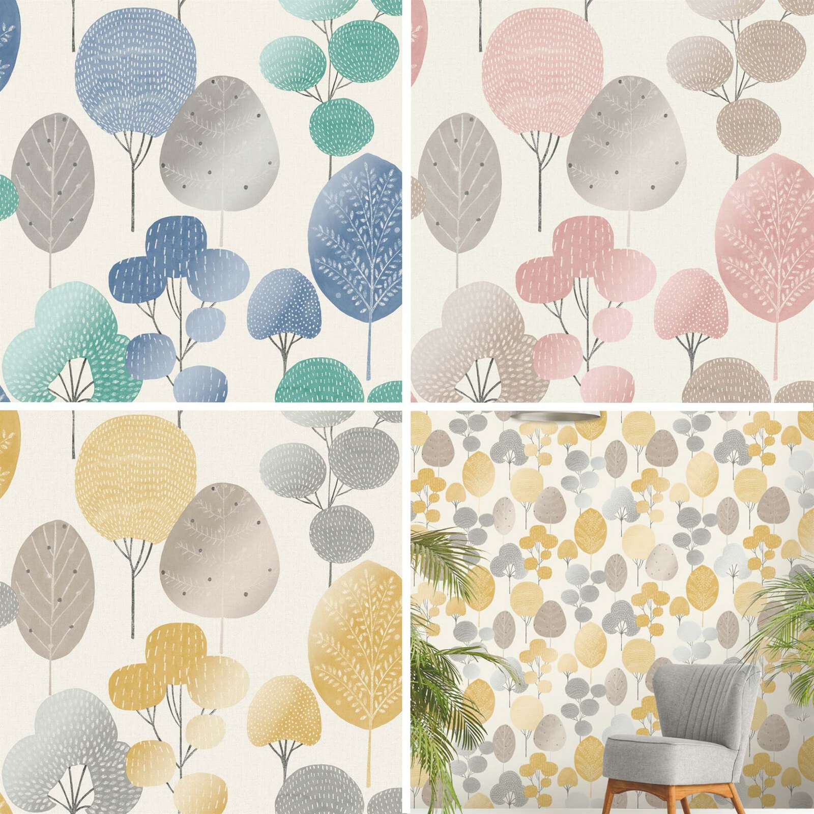 Scandi Forest Tree Metallic Wallpaper Woodland Leaf Blue Pink Yellow ...