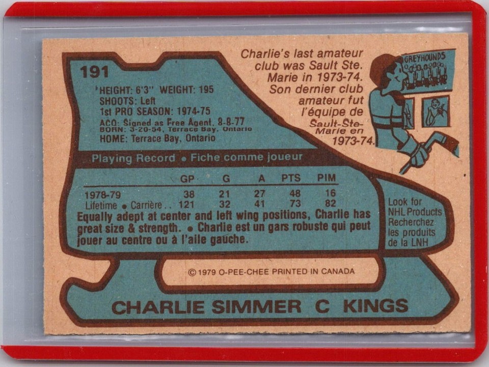 1979-80 O-Pee-Chee Charlie Simmer Rookie Los Angeles Kings #191 | eBay
