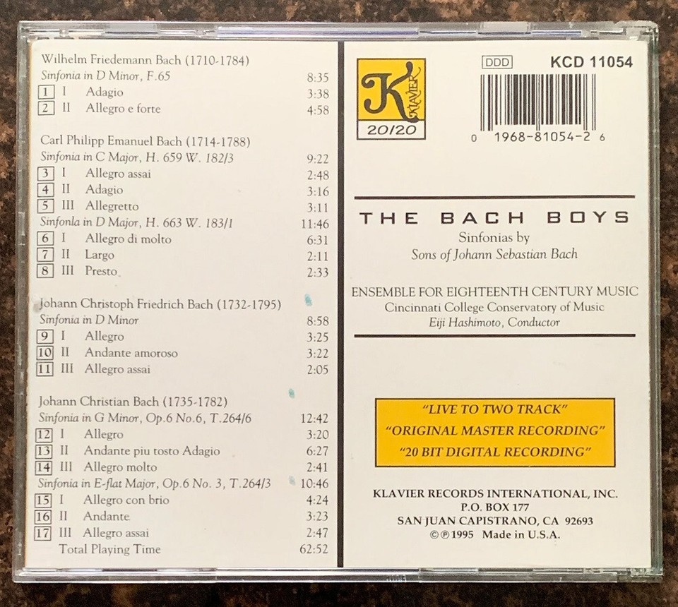 The Bach Boys Sinfonias by the Sons of Johann Sebastian Bach (Like New ...