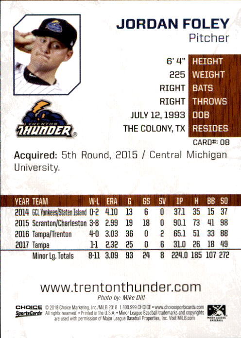 2018 Trenton Thunder Choice #8 Jordan Foley The Colony Texas TX ...