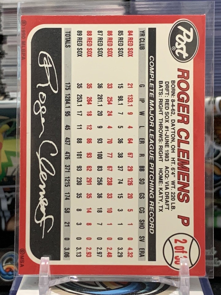1990 Post First Collector Series Baseball Card Roger Clemens Red Sox DS ...