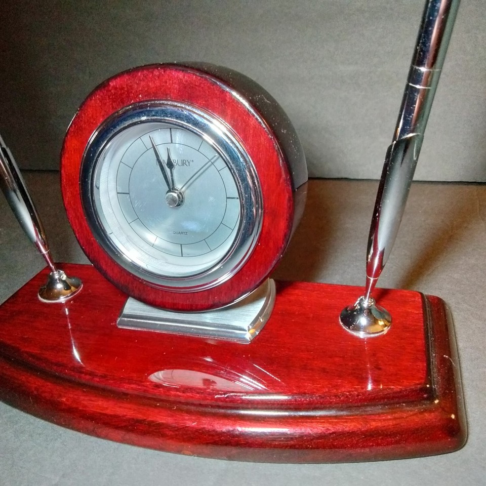 Danbury Elegant simulated Wood Table Desk Clock Pen Holder w/2 pens | eBay