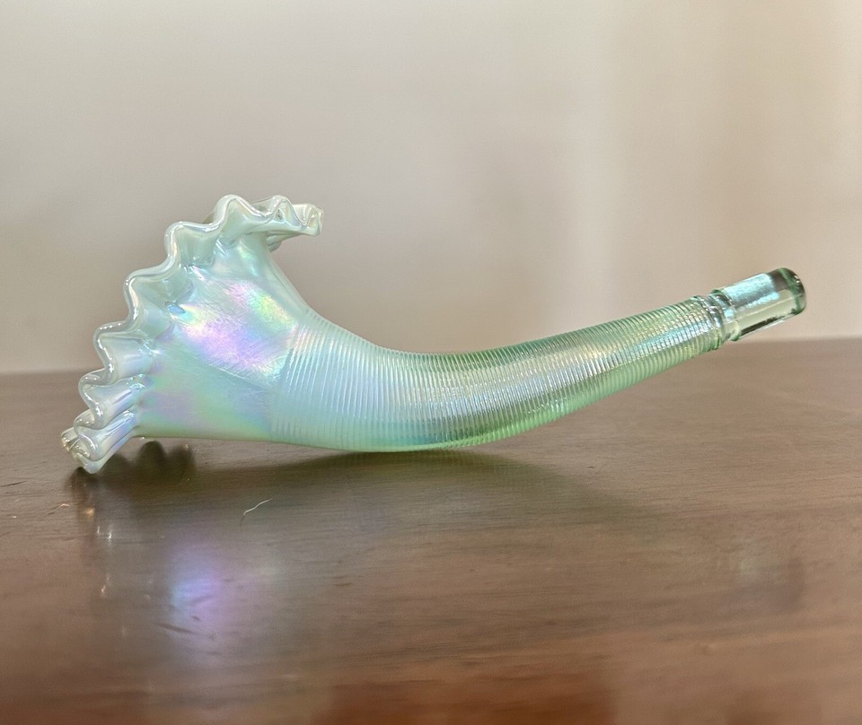 Vtg Fenton Glass Epergne Horn UV Reactive Ribbed Iridescent Sea Mist ...
